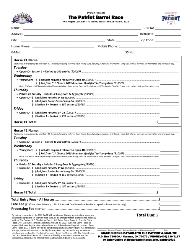 PATRIOT EVENT 2022 BARREL RACING ENTRY PACKET
