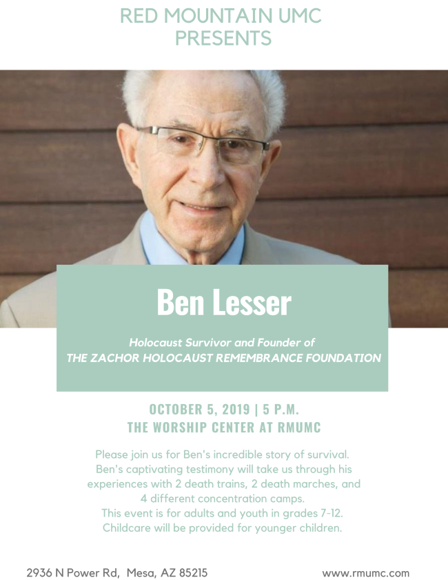 Ben Lesser-Holocaust Survivor Presentation on Oct. 5