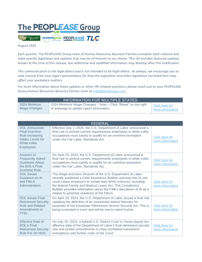 Q2 - Quarterly Human Resource Updates from The PEOPLEASE Group