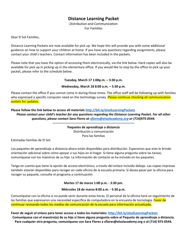 Distance Learning Packets