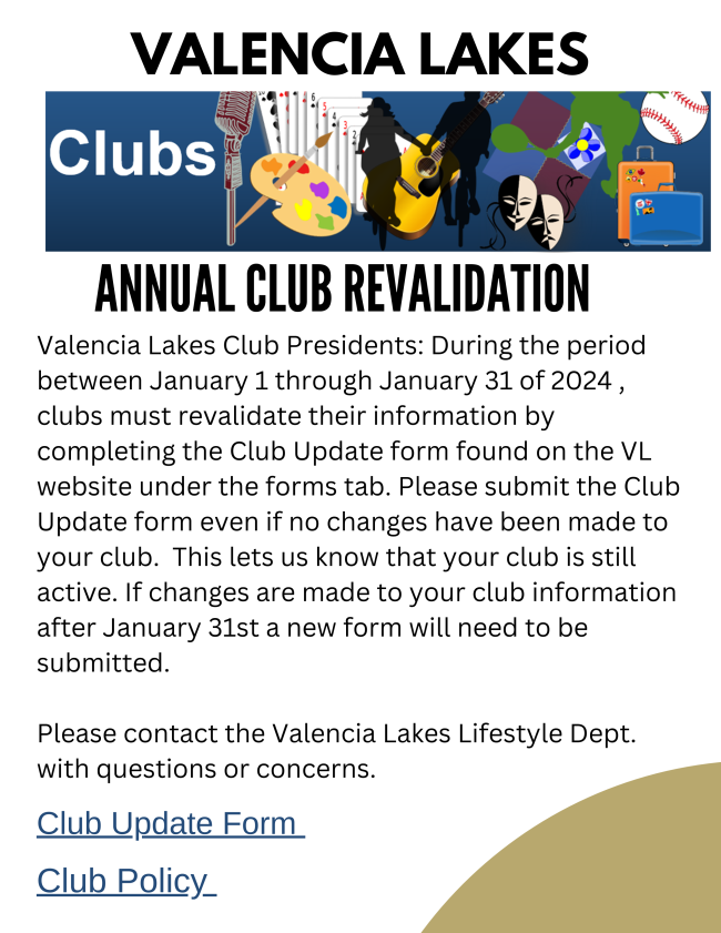 Valencia Lakes Clubs - Annual revalidation