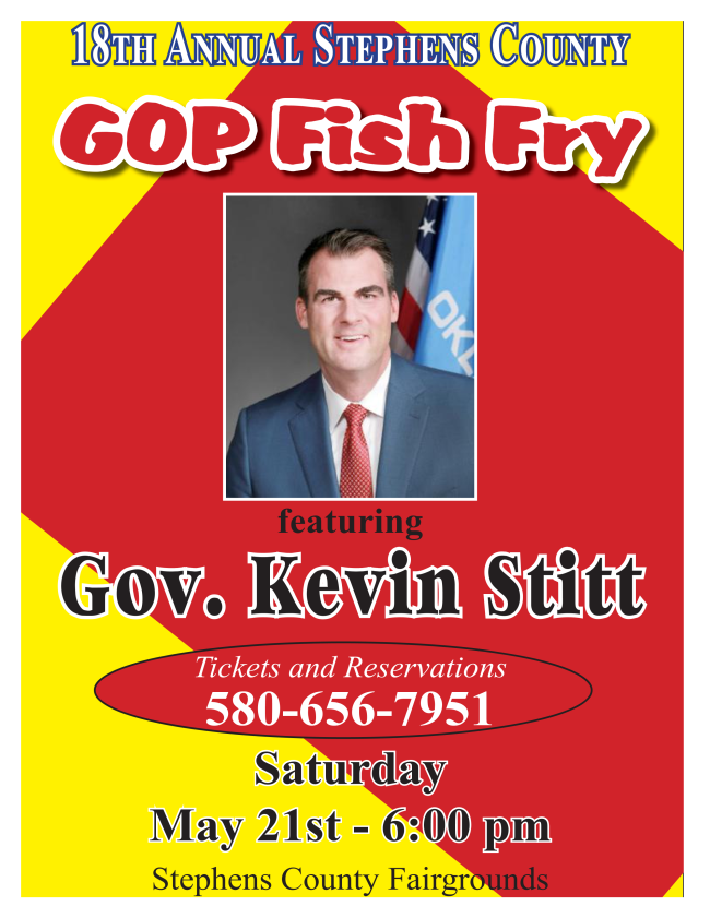 GOP Fish Fry Featuring Gov. Kevin Stitt on Saturday, May 21st -- 6 p.m ... GOP Fish Fry Featuring Gov. Kevin Stitt on Saturday, May 21st -- 6 p.m ...