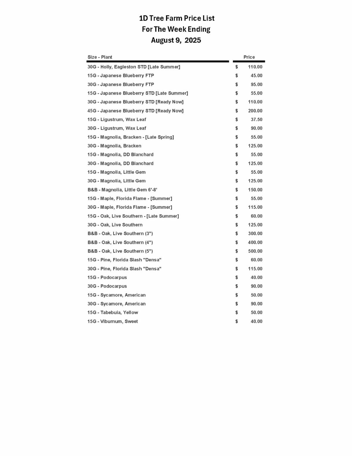 1D TREE FARM - WEEKLY SPECIALS AND PRICE LIST