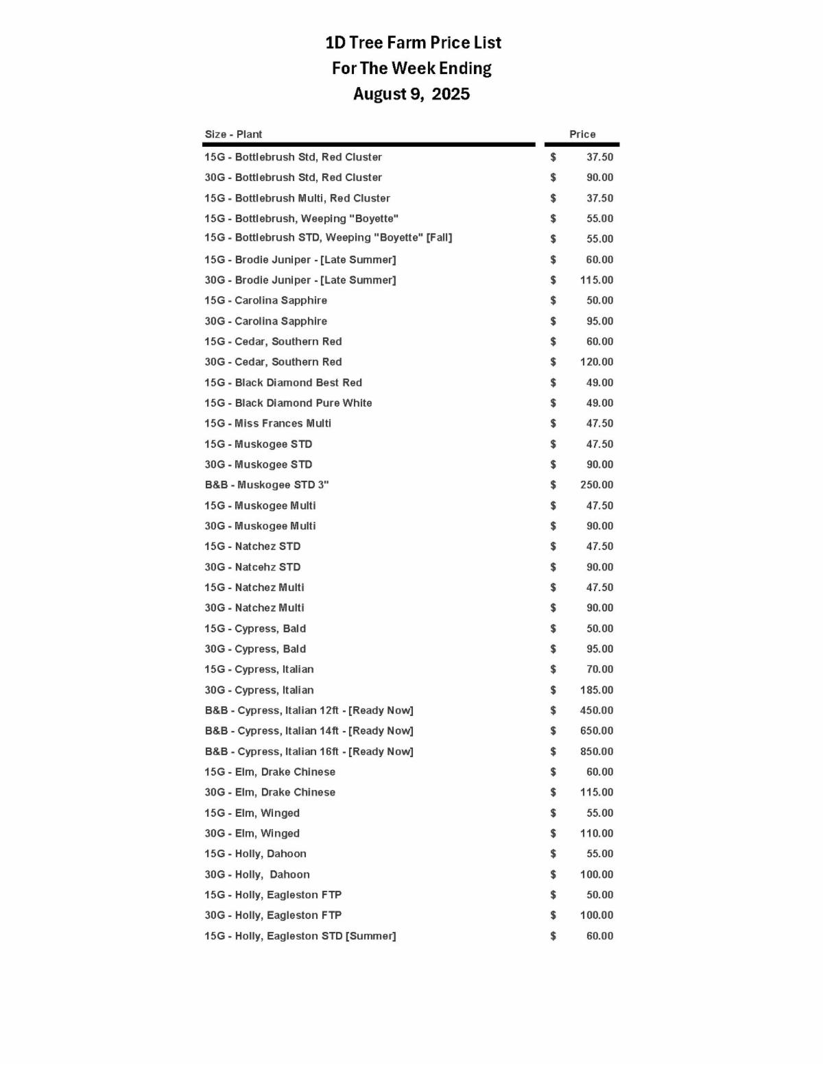 1D TREE FARM - WEEKLY SPECIALS AND PRICE LIST