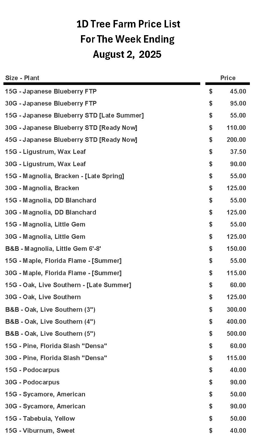 1D TREE FARM - WEEKLY SPECIALS AND PRICE LIST