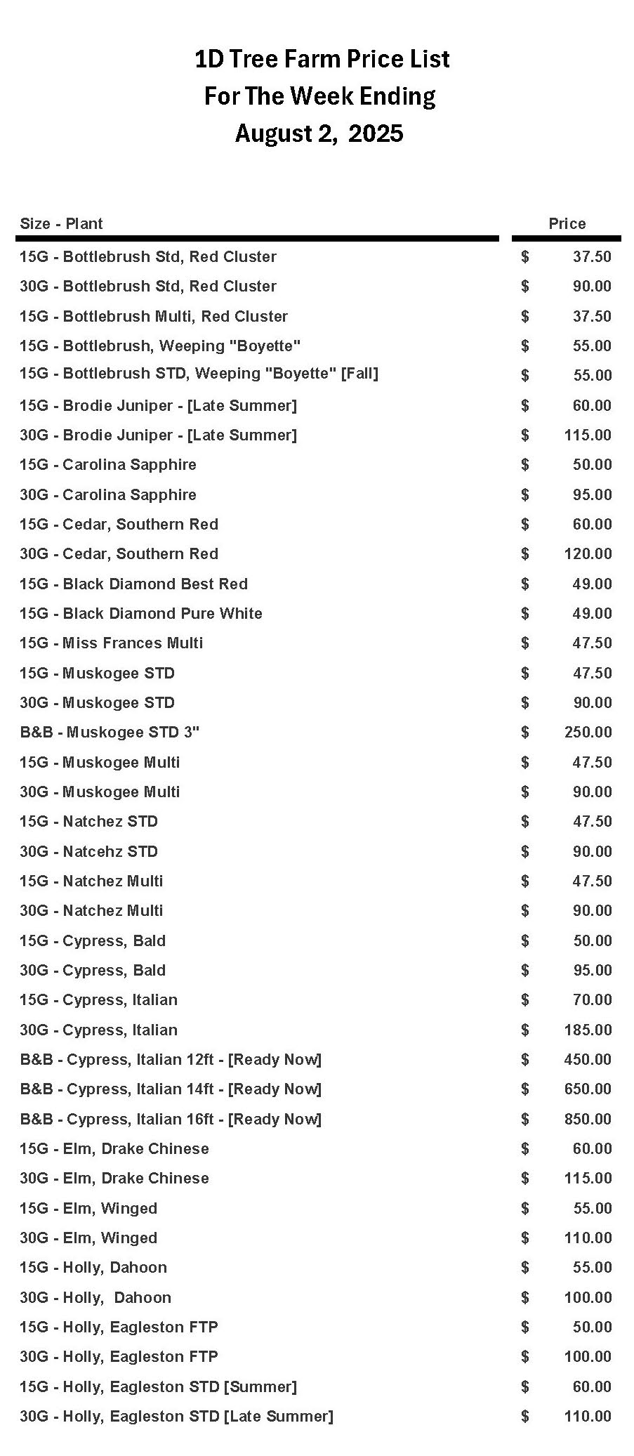 1D TREE FARM - WEEKLY SPECIALS AND PRICE LIST