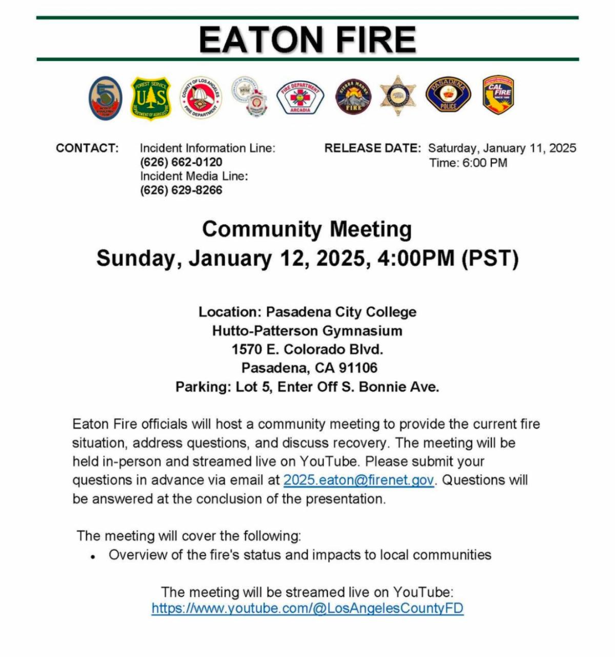 Eaton Canyon Fire Updates Meeting Today - In person and Virtual