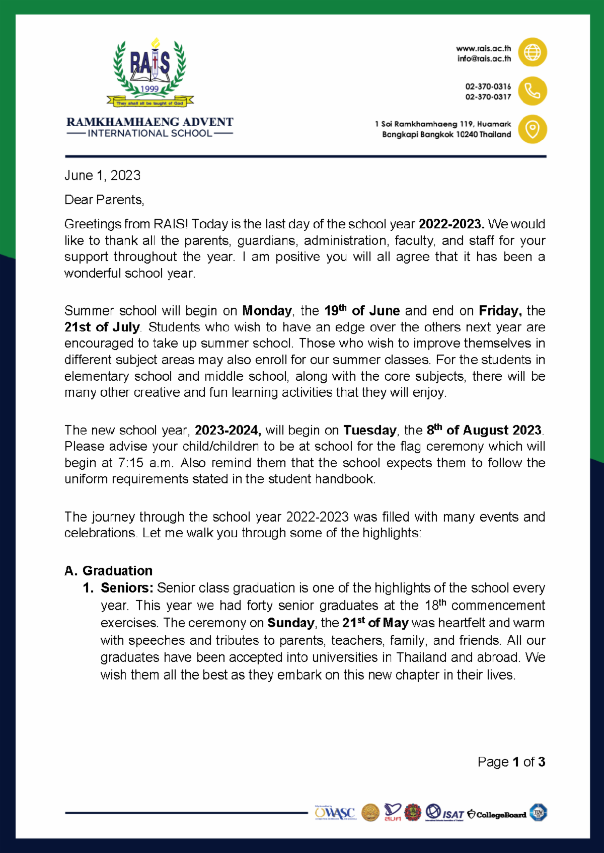 Letter to the RAIS Family