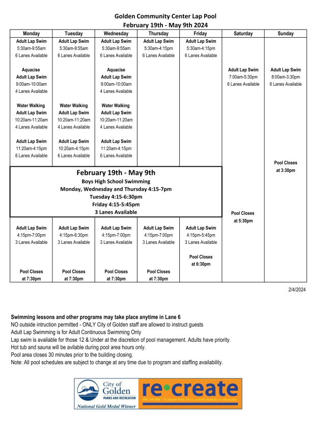 Lap Pool Schedule