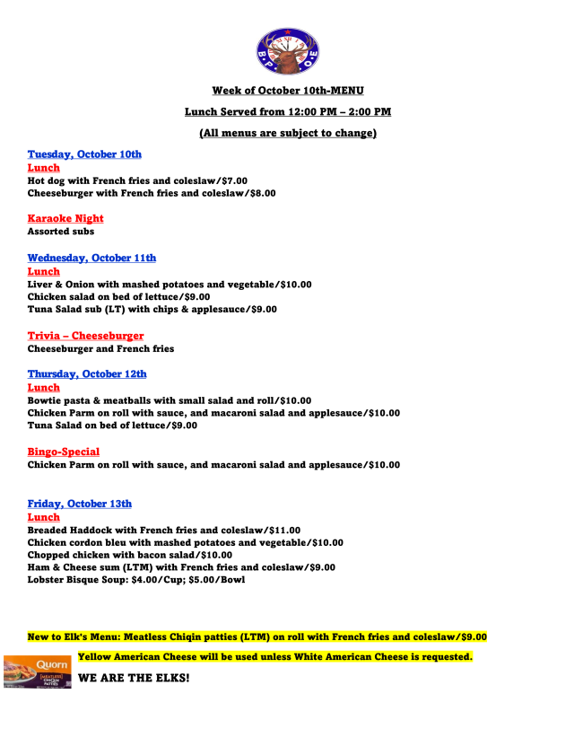 This weeks menu: October 10th