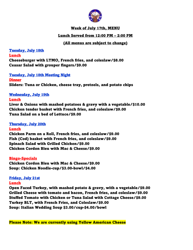 This Weeks Lunch Menu