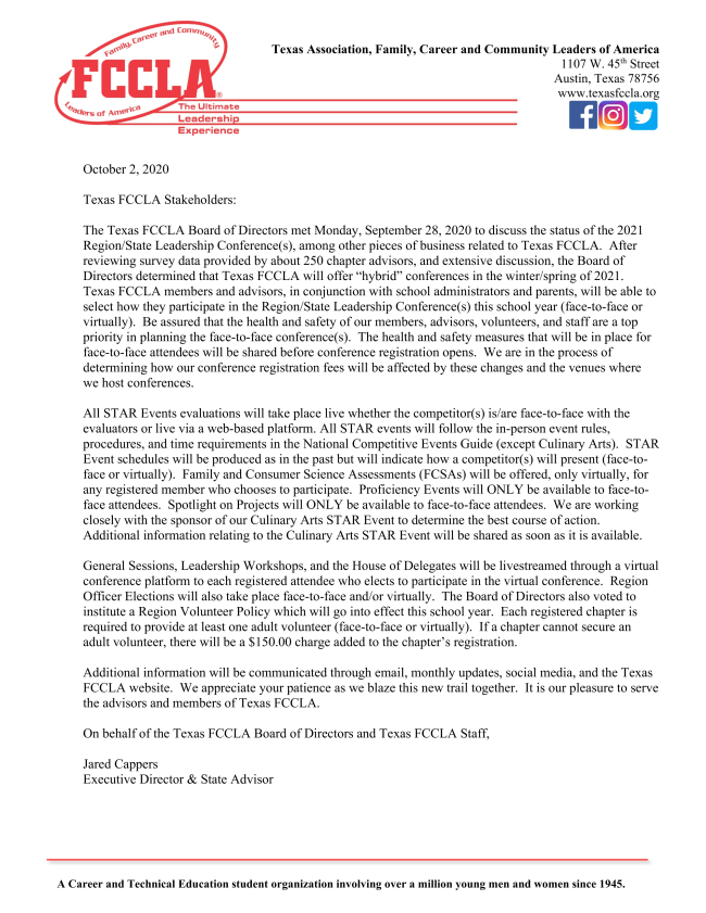 👋October 2020 - Texas FCCLA Chapter Advisor Update