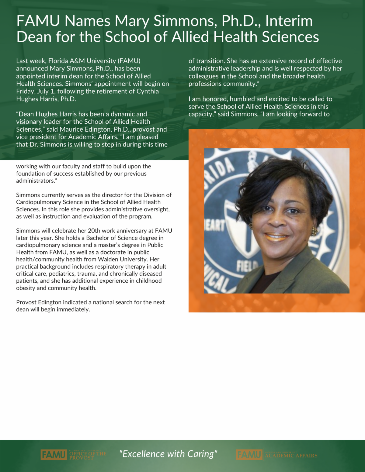 FAMU Names Mary Simmons, Ph.D., Interim Dean for the School of Allied ...