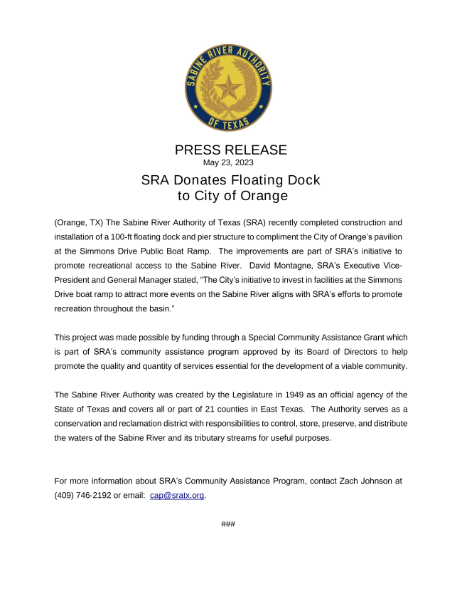 SRA Donates Floating Dock to City of Orange (Press Release)