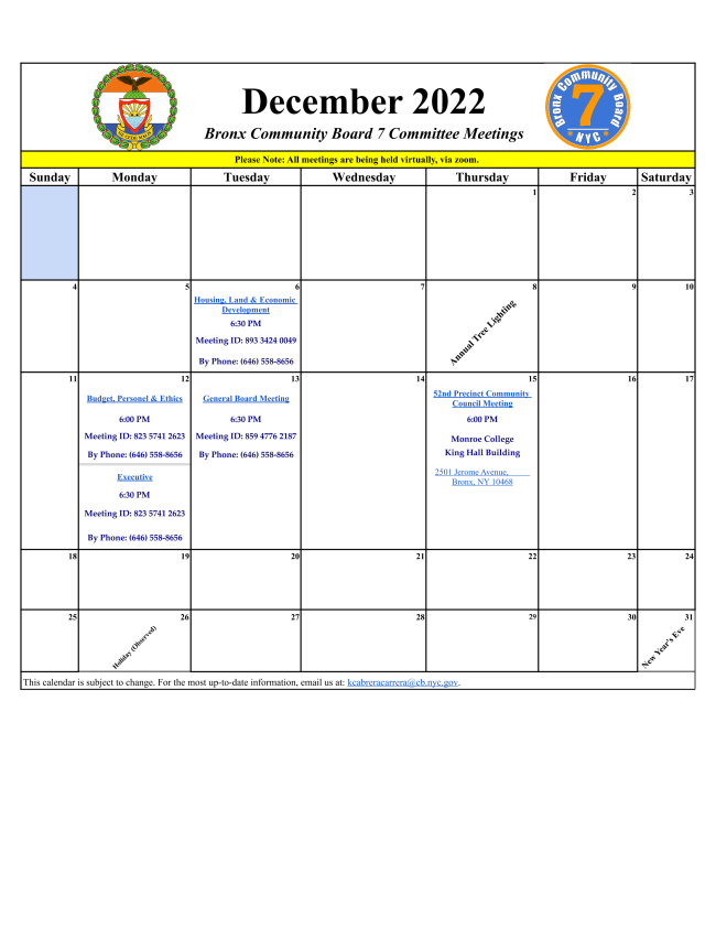 December 2022 Meeting Calendar