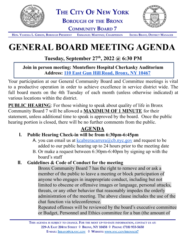 Next Week: Upcoming Bronx CB 7 General Board Meeting & Committee Meeting