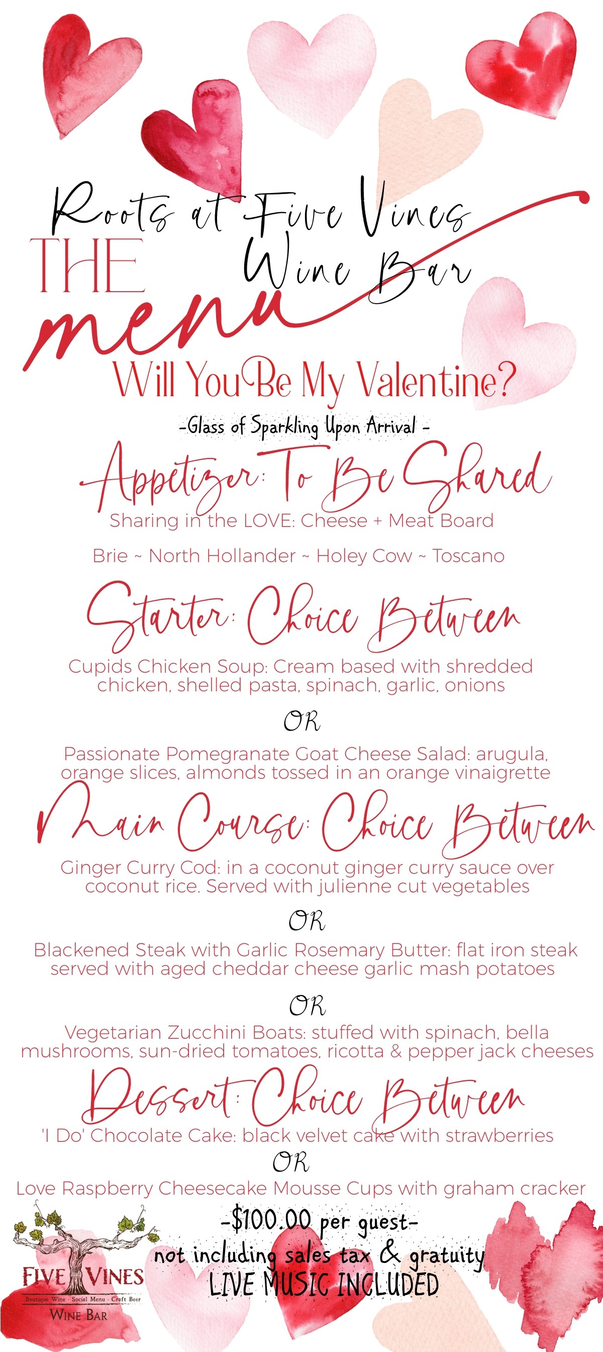 Romantic 4-Course Valentine's Day Dinner at Five Vines Wine Bar!