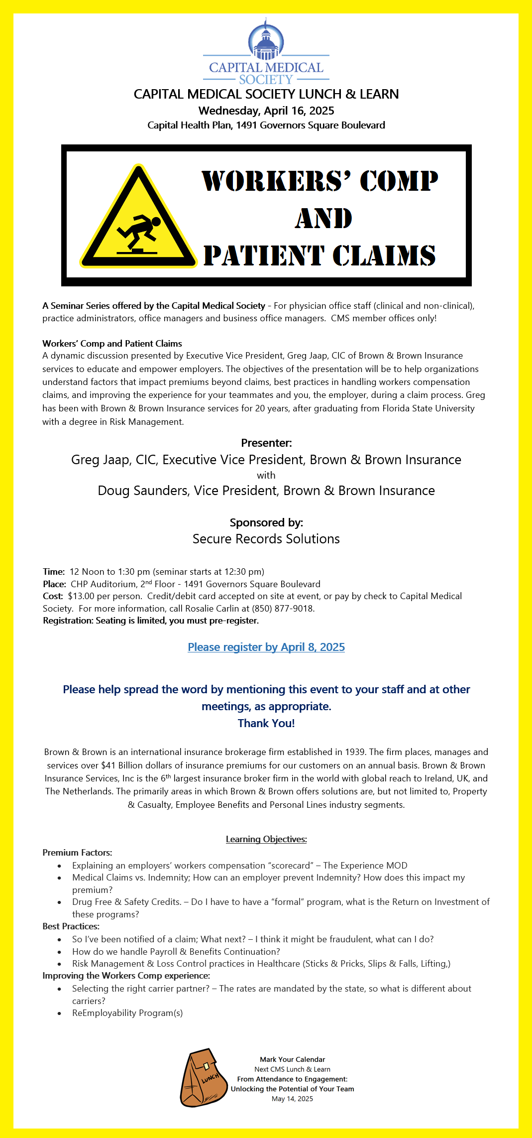 Workers’ Comp and Patient Claims - CMS Lunch & Learn 4-16-2025