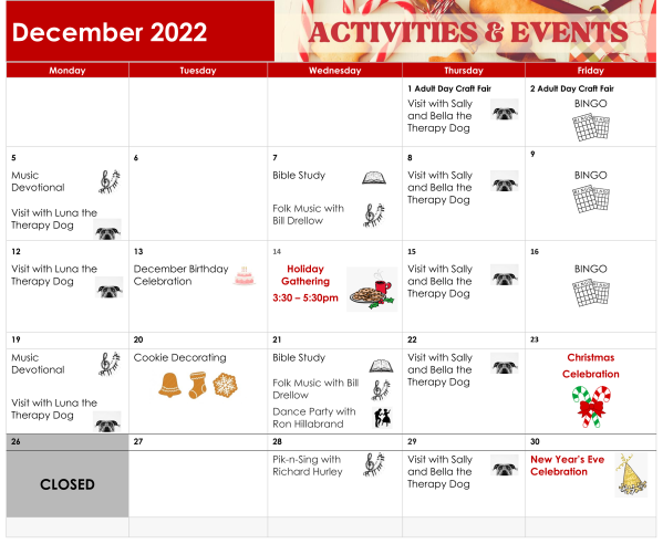 December Adult Day Info & Calendar