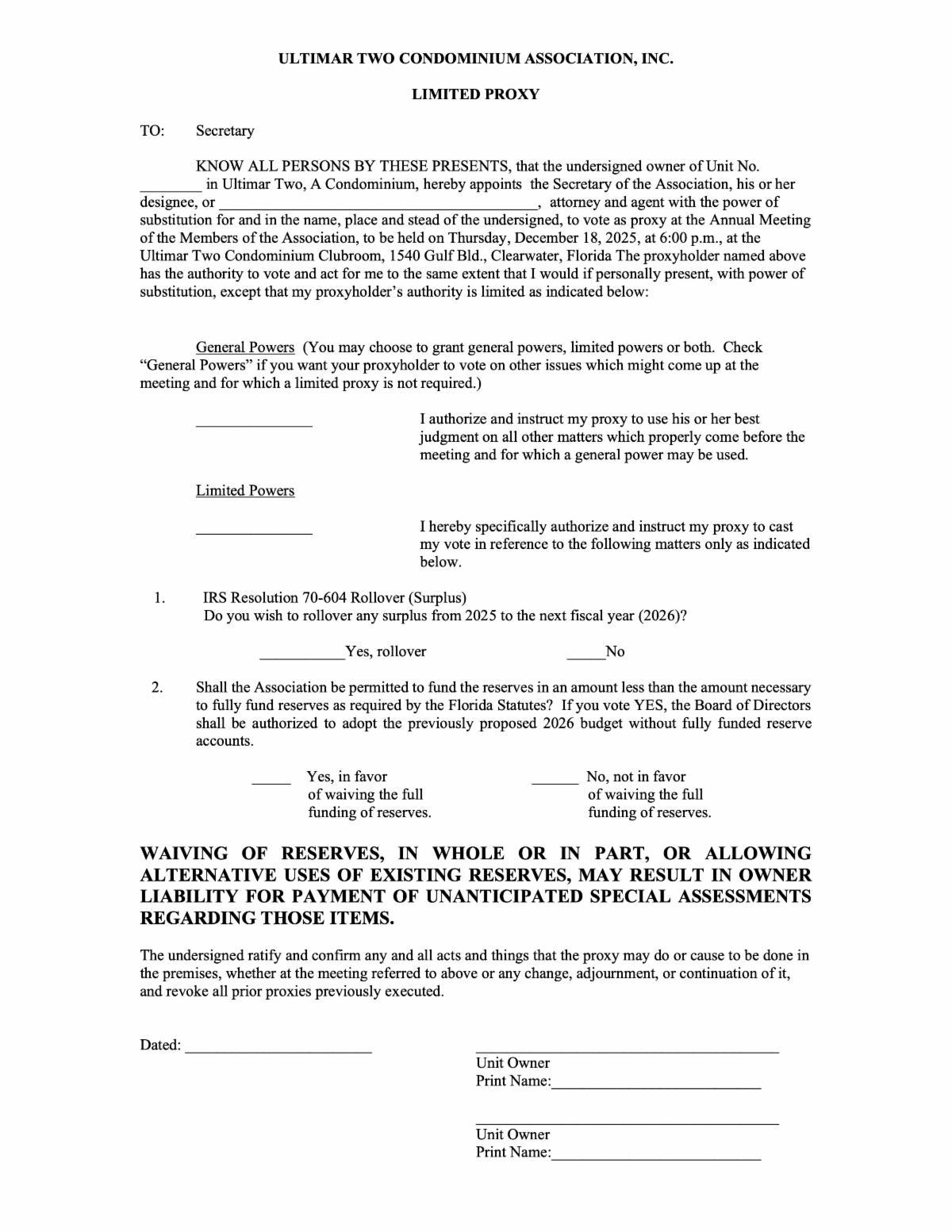 Ultimar Two: Proxy for Annual Meeting