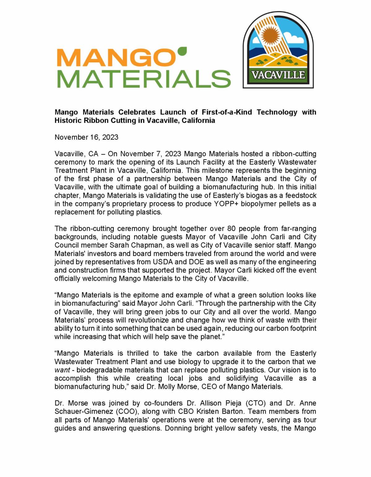 Mango Materials Celebrates Launch of First-of-a-Kind Technology in ...