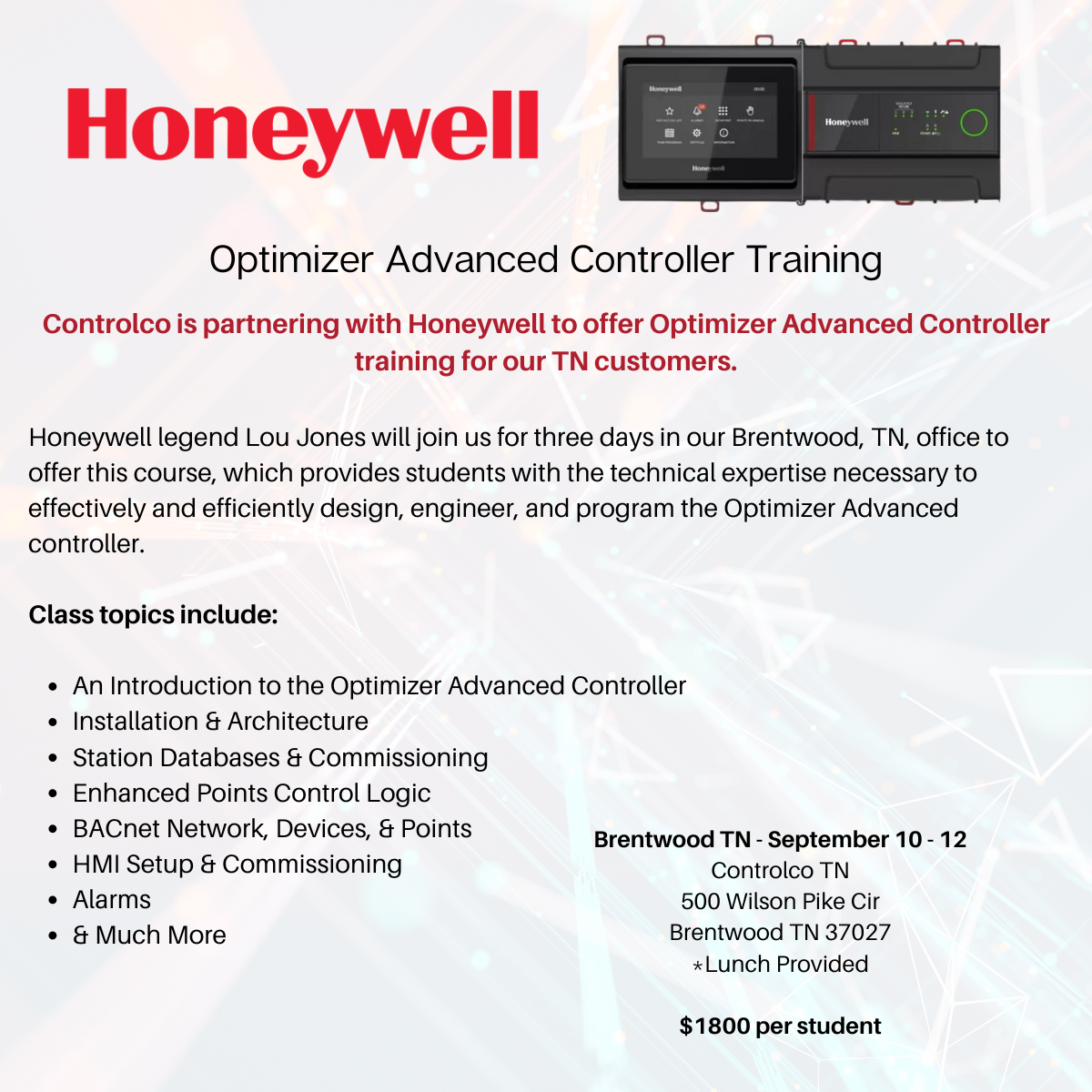 Honeywell Optimizer Advanced Training - September 10 - 12