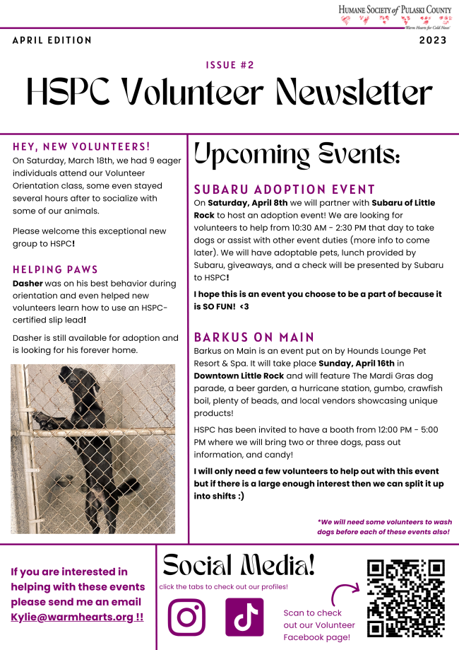 April Volunteer Newsletter: UPCOMING EVENTSvolunteer!