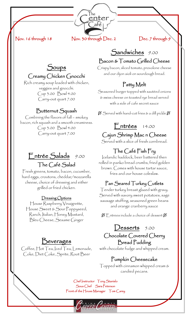 11/29/22 Weekly Center Cafe menu email