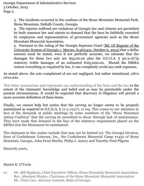 Notice of Pending Lawsuit Letter Issued to the Stone Mountain Memorial ...