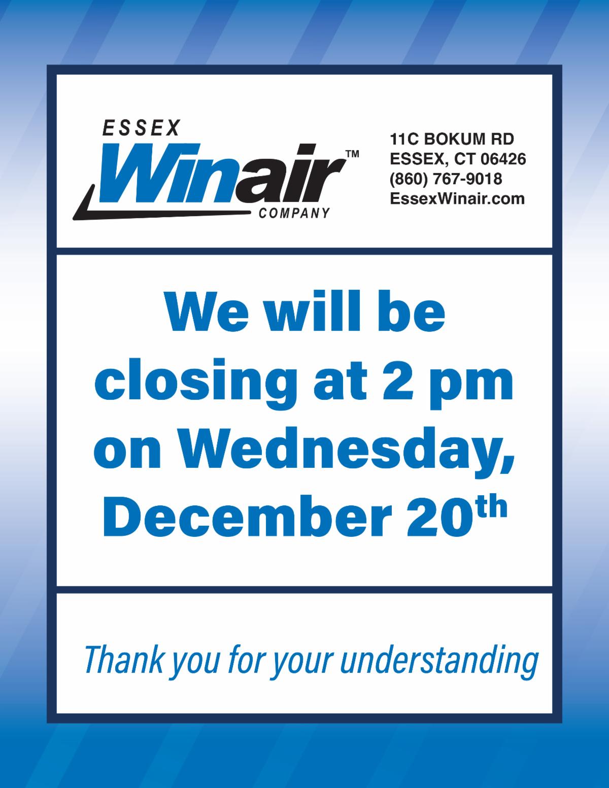 We will be closing at 2pm on Wednesday, December 20th