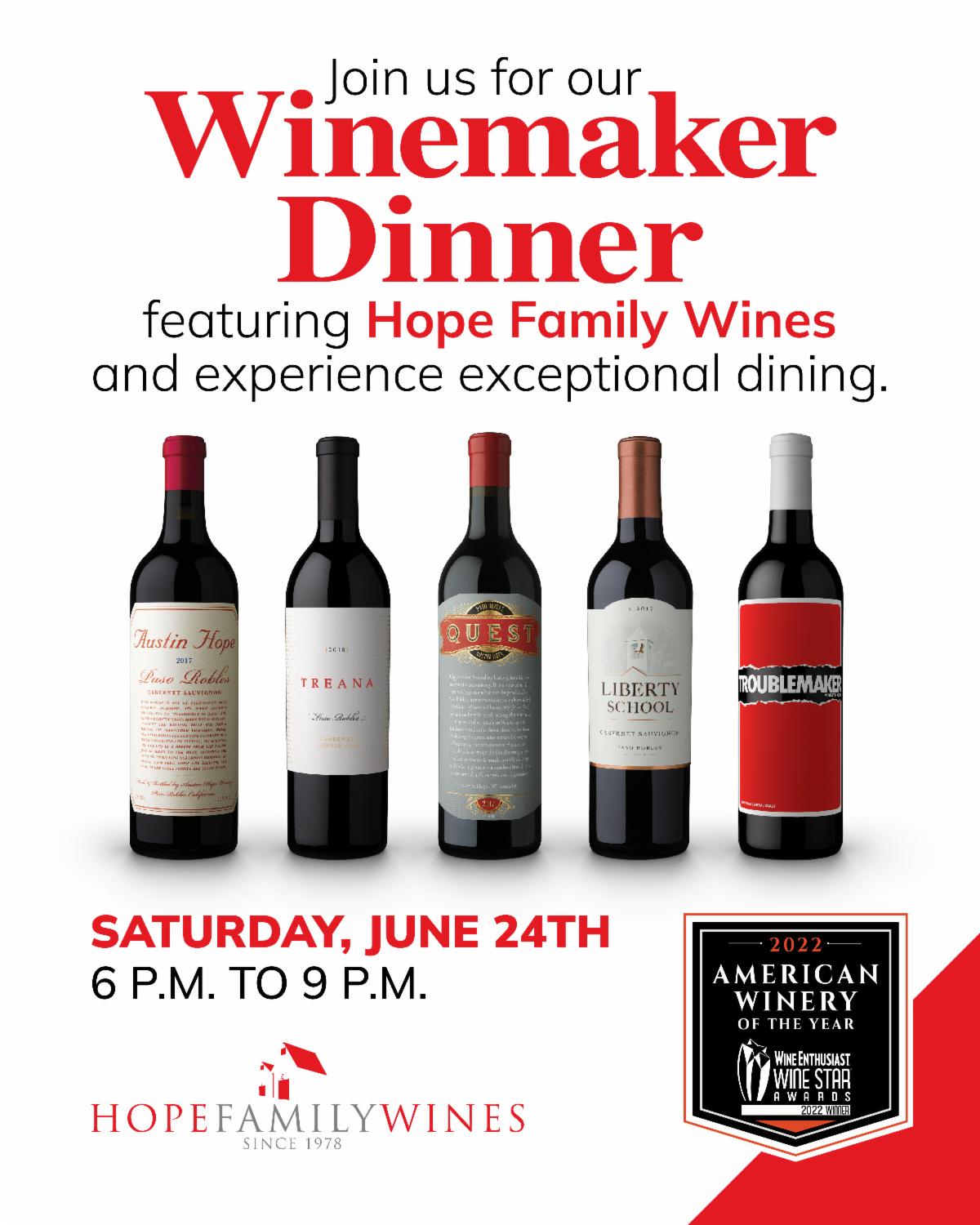 Dine with us for our Winemaker Dinner featuring Hope Family Wines! 🍷🍽