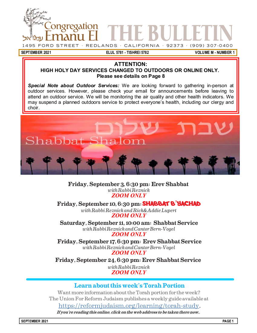 Congregation Emanu El September 2021 Bulletin