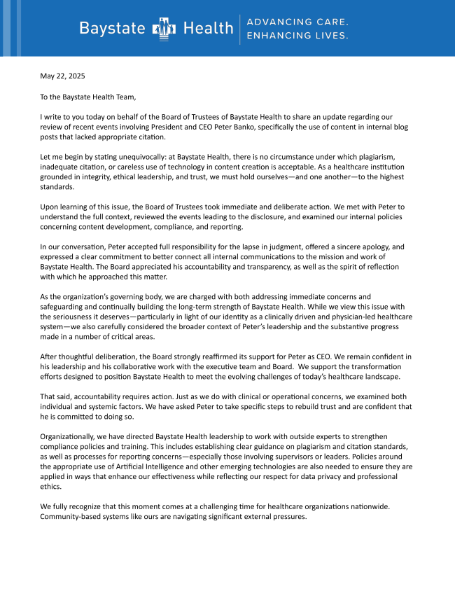 BH News Flash, A Letter to Employees from the Baystate Health Board of ...