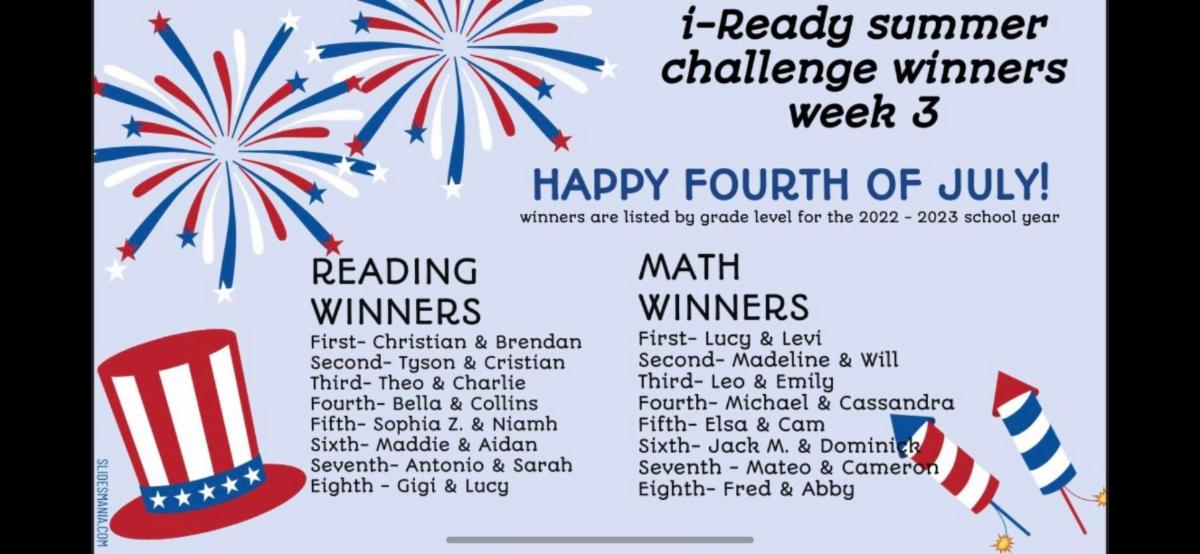 i-Ready Summer Challenge Week 3 Winners