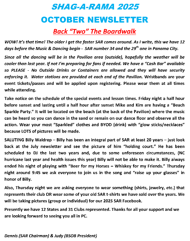 Shag-A-Rama 2025, October Newsletter