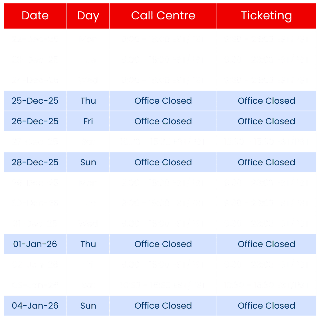 General RSH Notice: Royal Scenic Holiday Office Hours Update