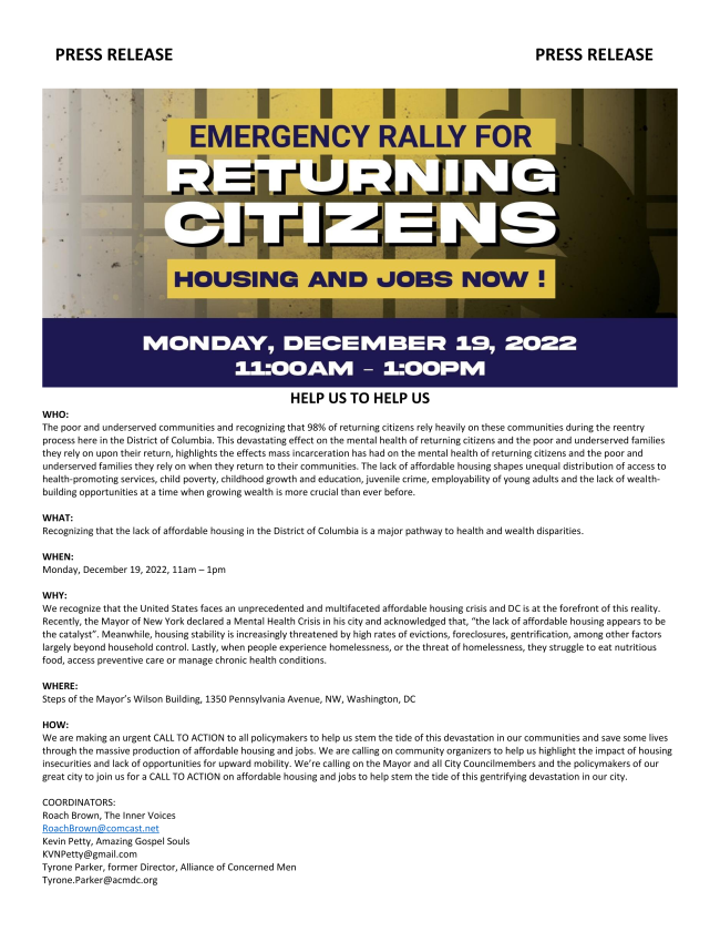 PRESS RELEASE - Emergency Rally for Returning Citizens
