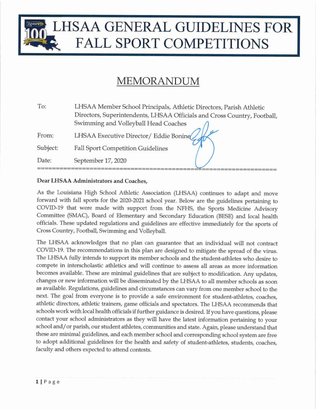 LHSAA General Guidelines for Fall Sport Competition