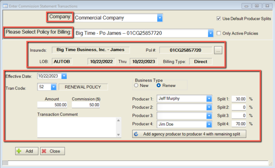 Direct Billed Commission Statement Transactions