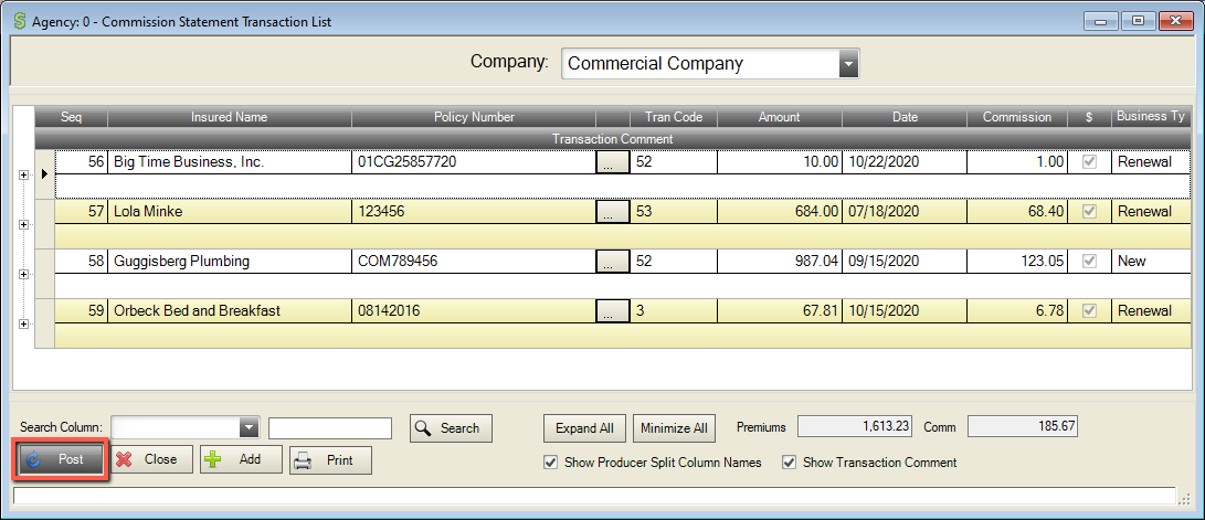 Direct Billed Commission Statement Transactions