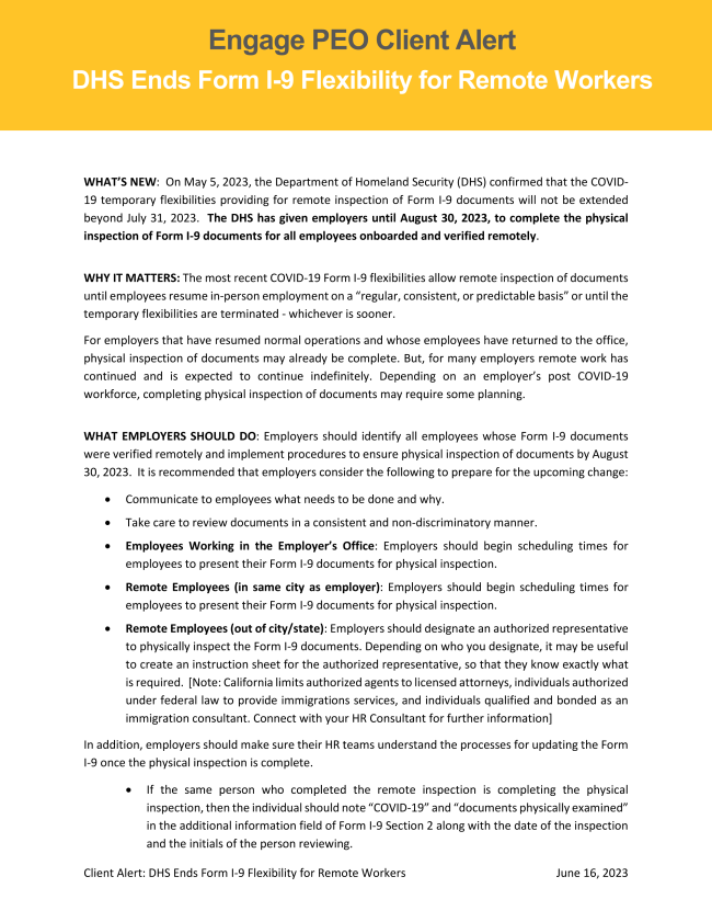 Client Alert: DHS Ends Form I-9 Flexibility for Remote Workers