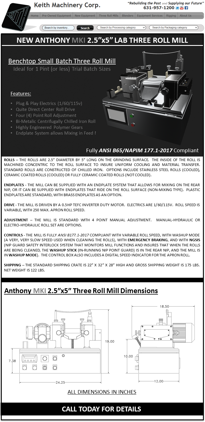 Anthony MKI 2.5"x5" Three Roll Mill