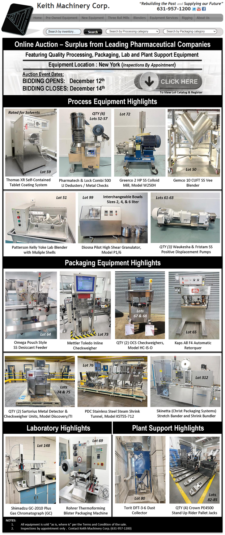 BIDDING OPEN - Surplus Equipment from Leading Pharmaceutical Companies