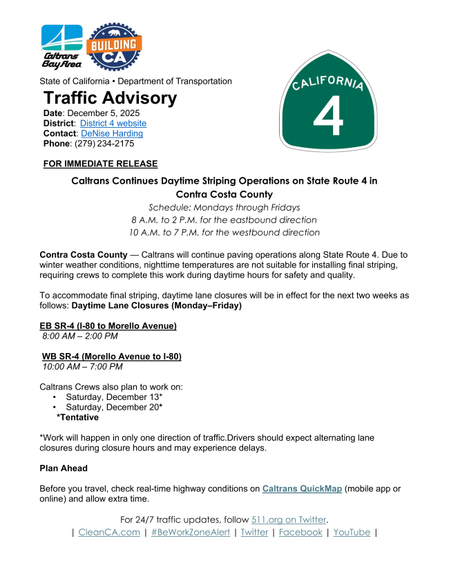 Traffic Advisory Ramp Daytime Alternating lane closures SR-4 EB WB 12-8 ...