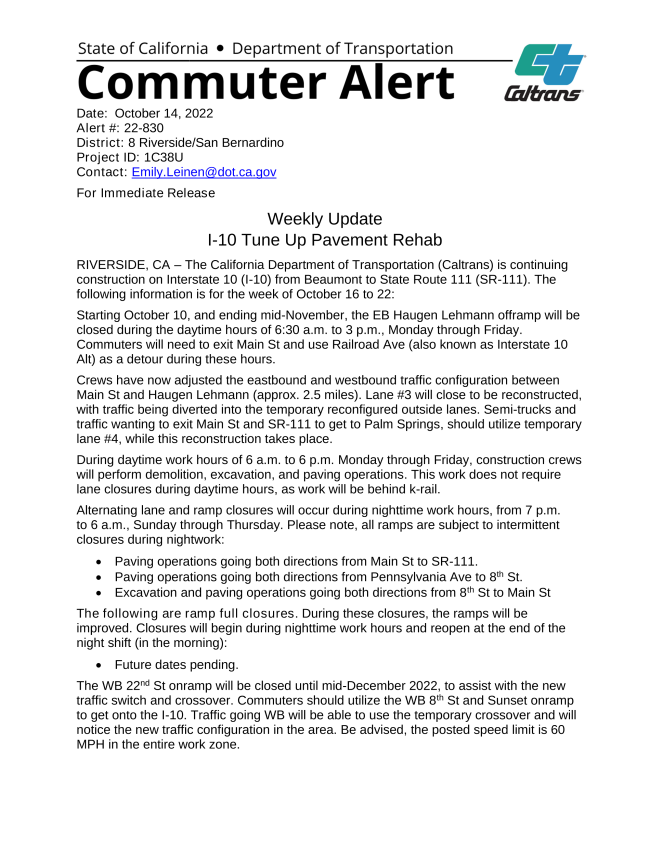 I-10 Tune Up Construction Alert Oct 16-22