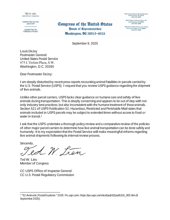 Congressman Ted Lieu urges reform to stop animals dying from USPS live ...