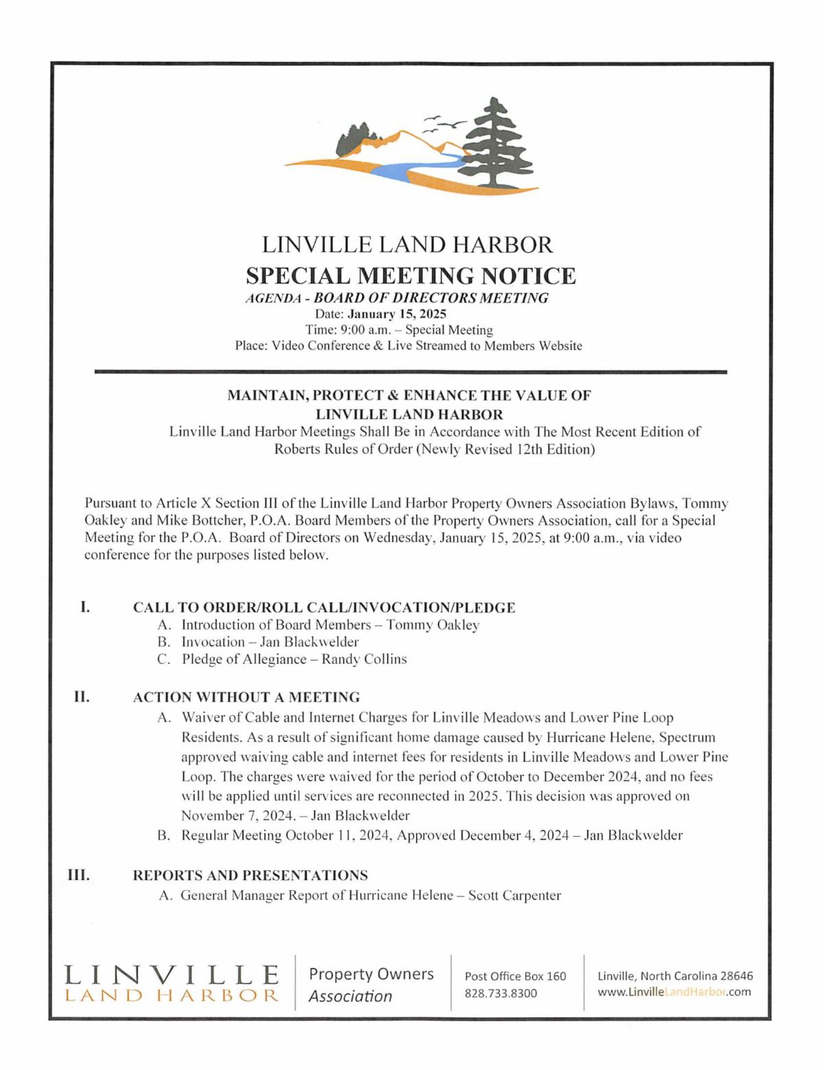 Special Meeting Notice/Agenda | January 15, 2025 at 9:00 a.m.| Live Stream