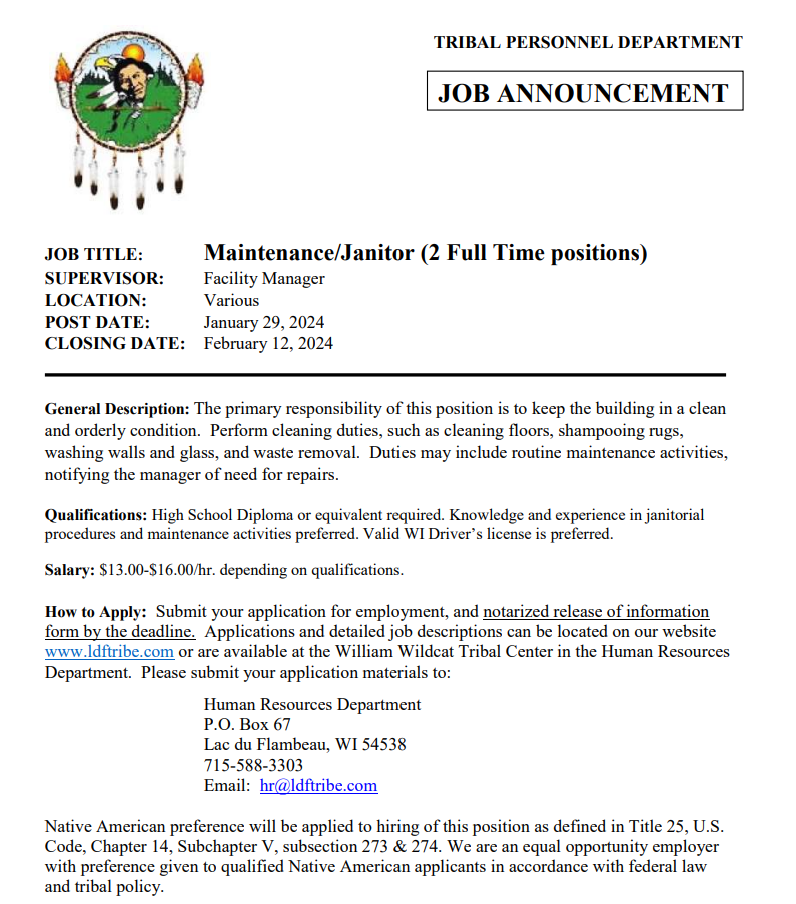 News From the Lac du Flambeau Band of Lake Superior Chippewa Indians