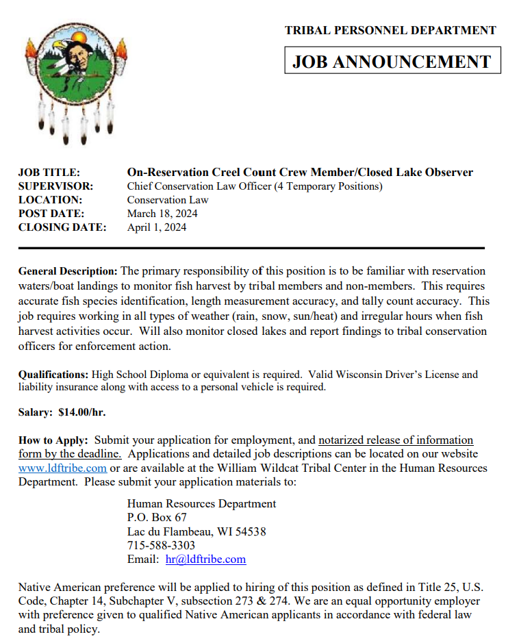 News From the Lac du Flambeau Band of Lake Superior Chippewa Indians