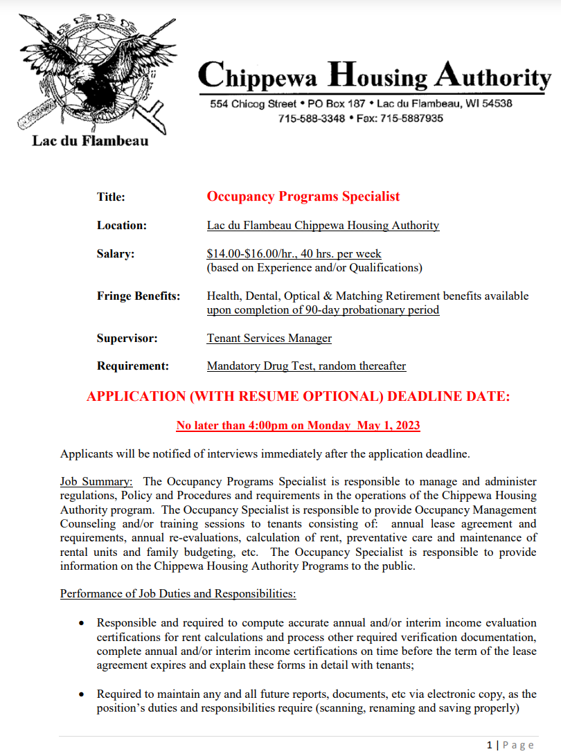 News From the Lac du Flambeau Band of Lake Superior Chippewa Indians